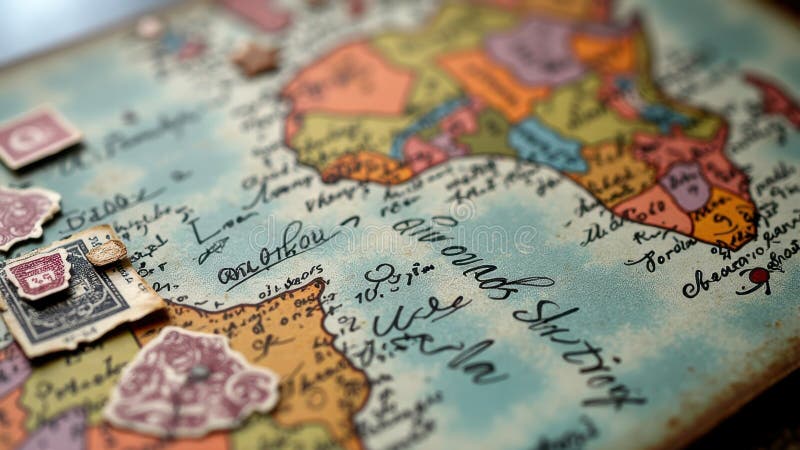 Vintage Colorful Map with Handwritten Notes and Stamps on Australia ...