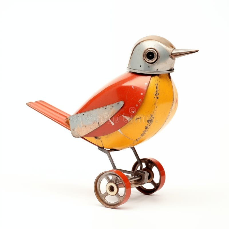Vintage Colorful Tin Bird with Wheels on White Background Stock ...