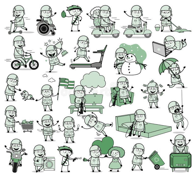 Vintage Comic Army Man Characters - Set Concepts Vector Illustrations ...