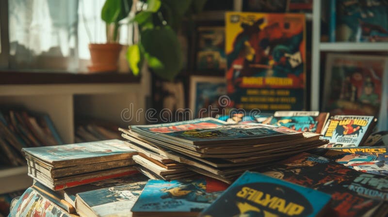 Vintage Comic Book Collection Displayed in Sunlit Room Stock ...