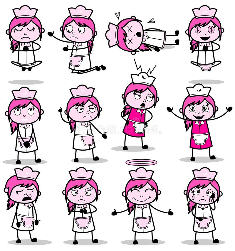 Vintage Comic Waitress - Set of Concepts Vector Illustrations Stock ...