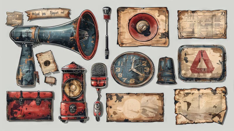 Vintage Communication and Travel Elements: Megaphone, Maps, and ...