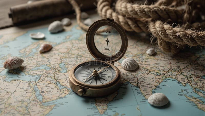 Vintage Compass on Aged Map with Seashells and Rope Under Soft Light ...
