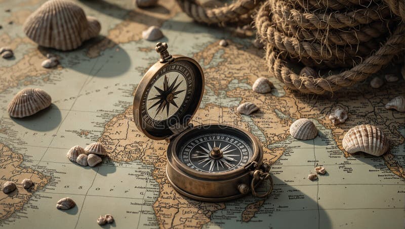 Vintage Compass on Aged Map with Seashells and Rope Under Soft Light ...