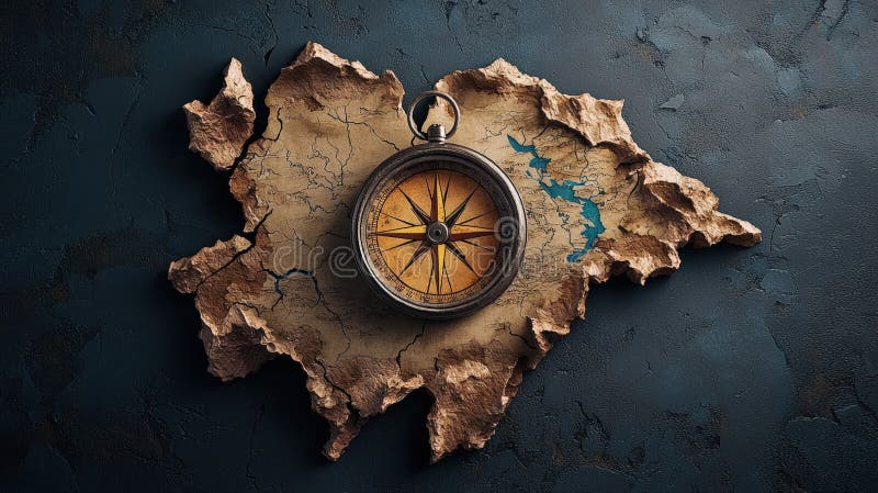 Vintage Compass on Ancient Map with Detailed Textures and Worn Edges ...