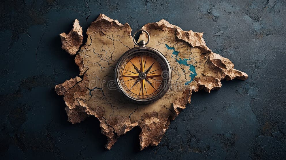 Vintage Compass on Ancient Map with Detailed Textures and Worn Edges ...