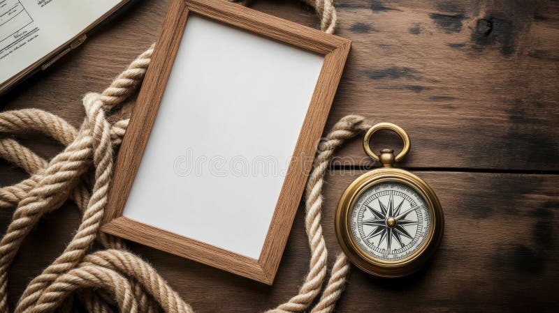 Vintage Compass Blank Photo Frames and a Rope for Traveling Concept ...