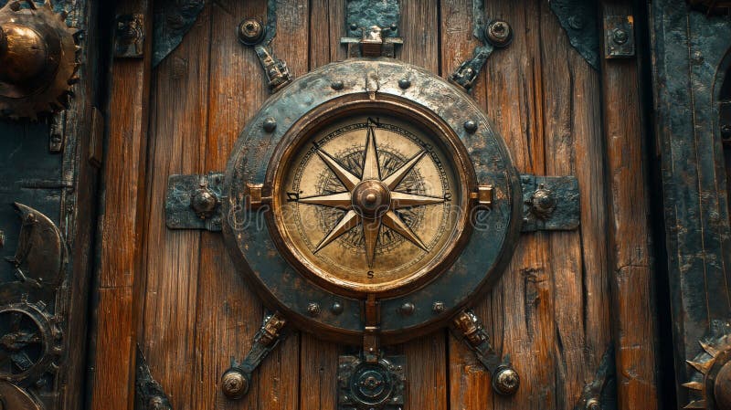 Vintage Compass Centerpiece on Rustic Wooden Panel Stock Image - Image ...