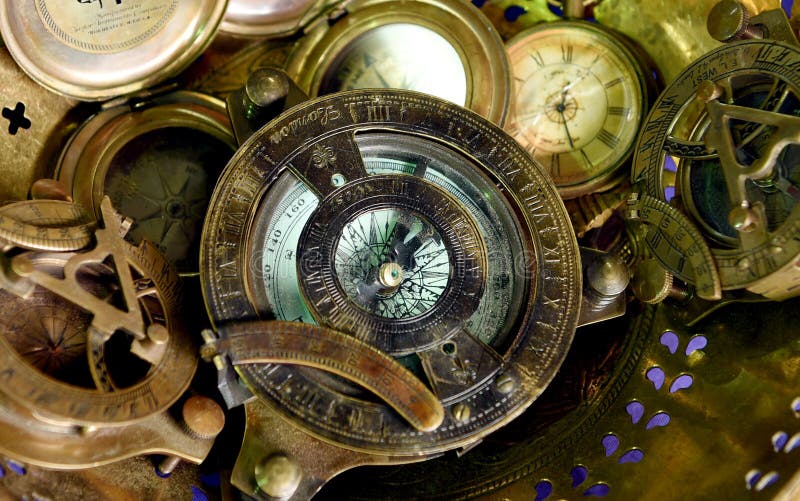 Vintage compass and clocks stock image. Image of symbol - 73457143