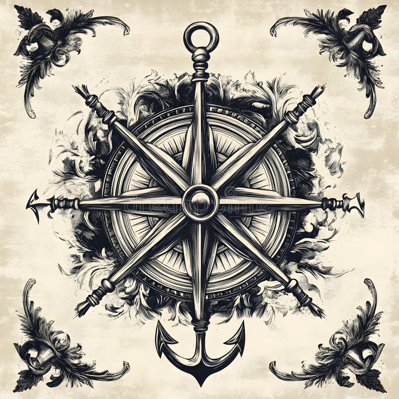 A Vintage Compass Design with an Anchor and Decorative Elements Stock ...