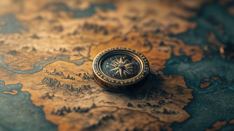 Vintage Compass on a Detailed World Map for Navigation Concept Stock ...