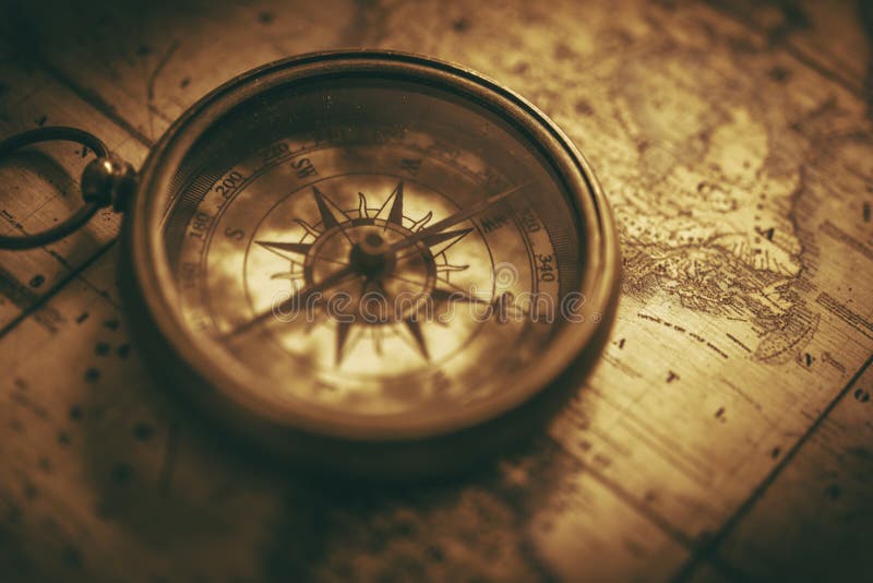 Vintage Compass Device on a Aged Map Stock Image - Image of destiny ...
