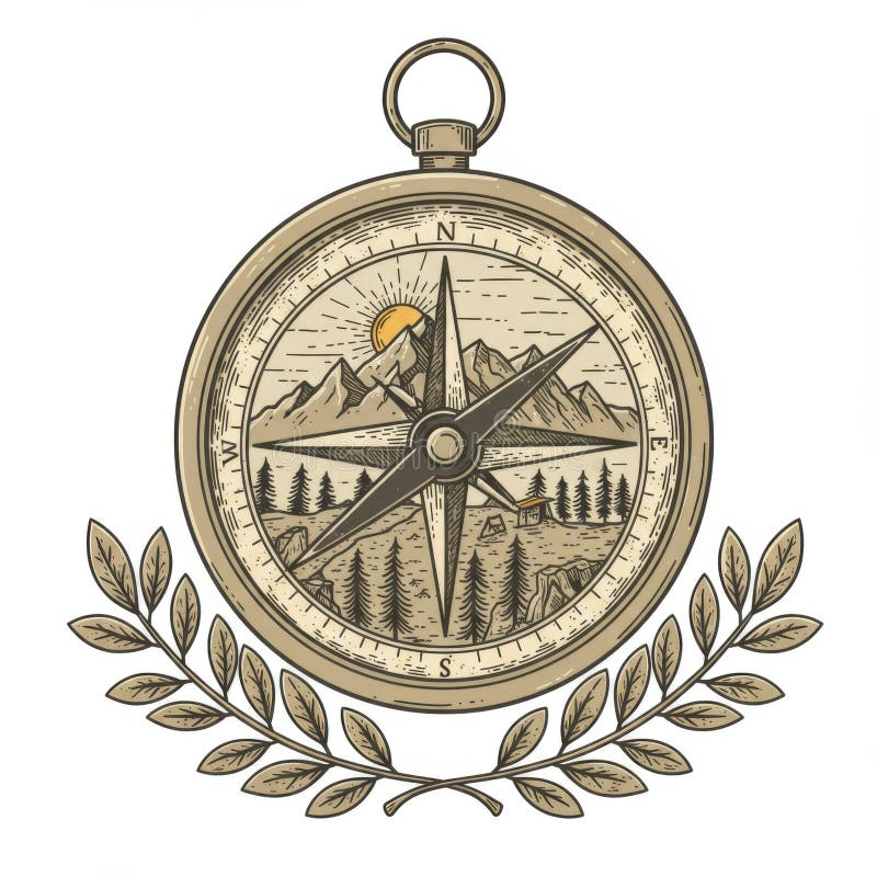 Vintage Compass Illustration with Mountain Landscape Stock Illustration ...