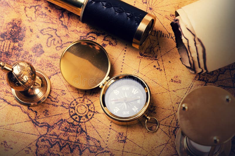 Vintage Compass and Items on Ancient Treasure Map Stock Image - Image ...