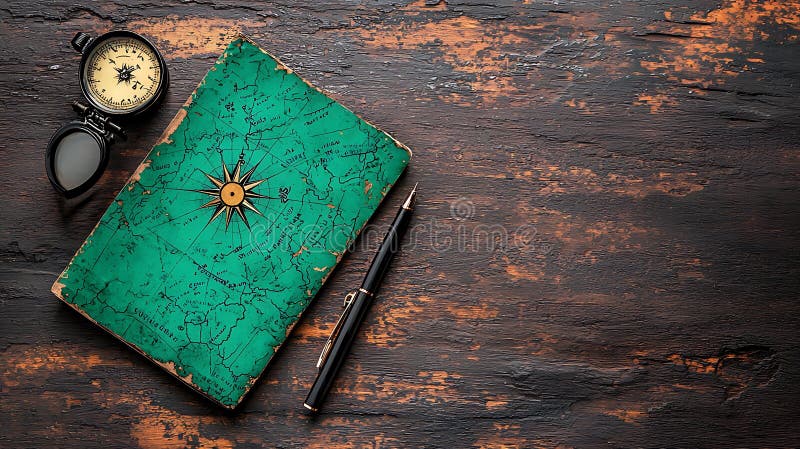 Vintage Compass and Journal on Rustic Wood Background Stock ...