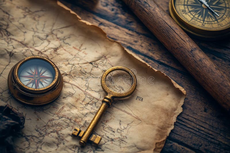 A Vintage Compass and Key on an Old Map Create a Sense of Adventure ...