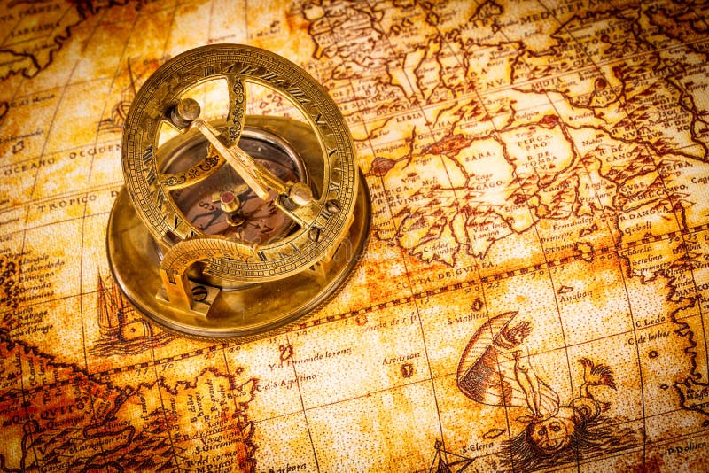 Vintage Compass Lies on an Ancient World Map. Stock Image - Image of ...