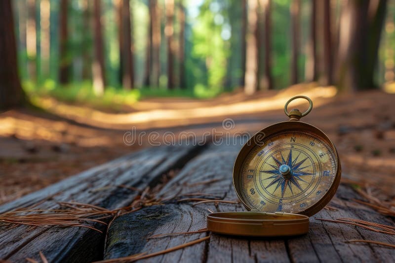Vintage Compass on the Log in Forest, Warm Sun Light Stock Illustration ...