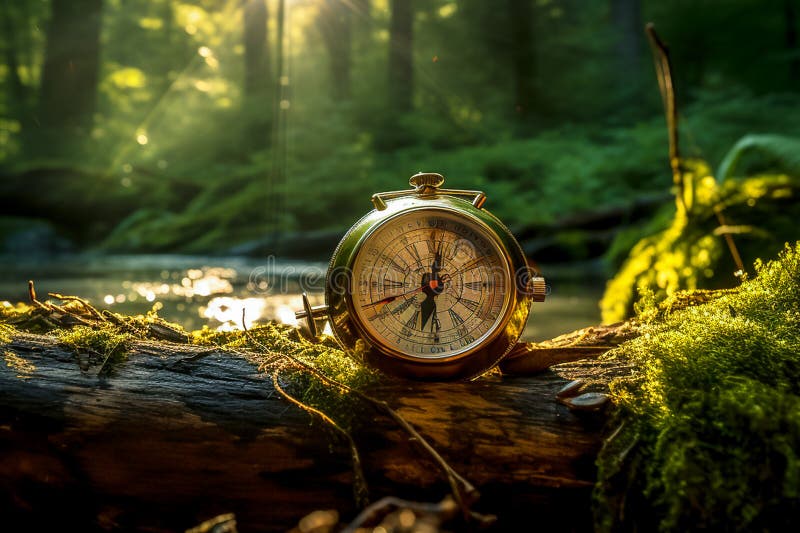 Vintage Compass on the Log in Forest, Warm Sun Light, Generative AI ...