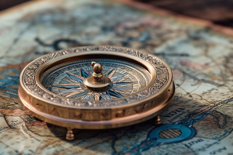 Vintage Compass Lying on an Old Map. Generative Ai Stock Illustration ...