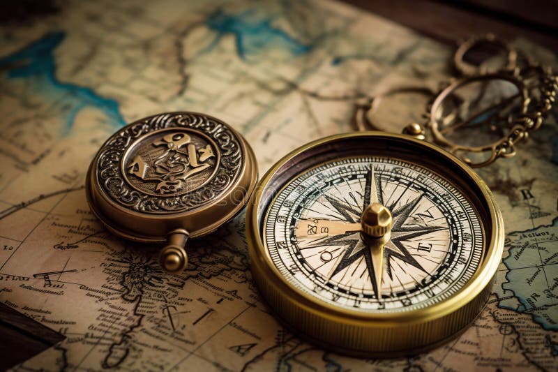 Vintage Compass Lying on an Old Map. Generative Ai Stock Illustration ...
