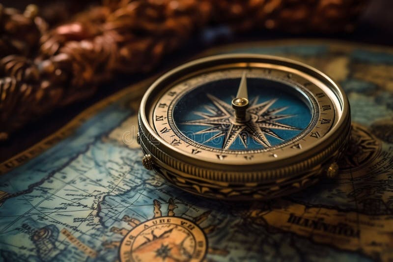 Vintage Compass Lying on an Old Map. Generative Ai Stock Illustration ...