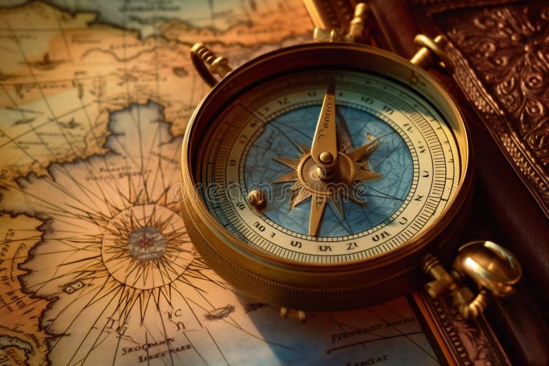 Vintage Compass Lying on an Old Map. Generative Ai Stock Illustration ...