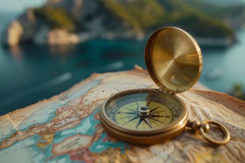 Vintage Compass on Map with Coastal Background Stock Image - Image of ...