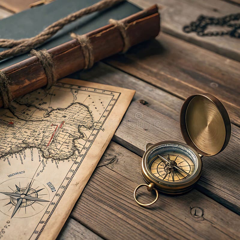 Vintage Compass and Map on Rustic Table Stock Illustration ...
