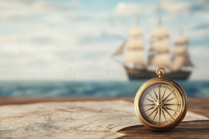 Vintage Compass on Map with Sailing Ship Background Stock Illustration ...