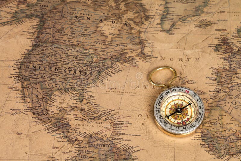Vintage compass on old map stock image. Image of antique - 72644027