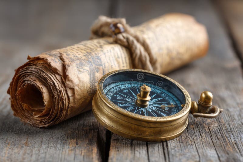 Vintage Compass and Old Map Scroll on Weathered Wooden Table Surface ...