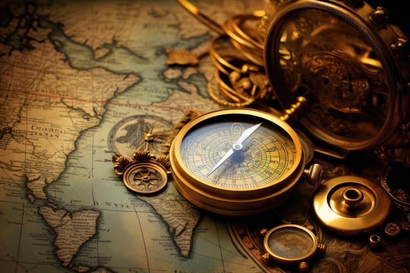 Vintage Compass on the Old Map, an Old Compass, Telescope, and Coins on ...