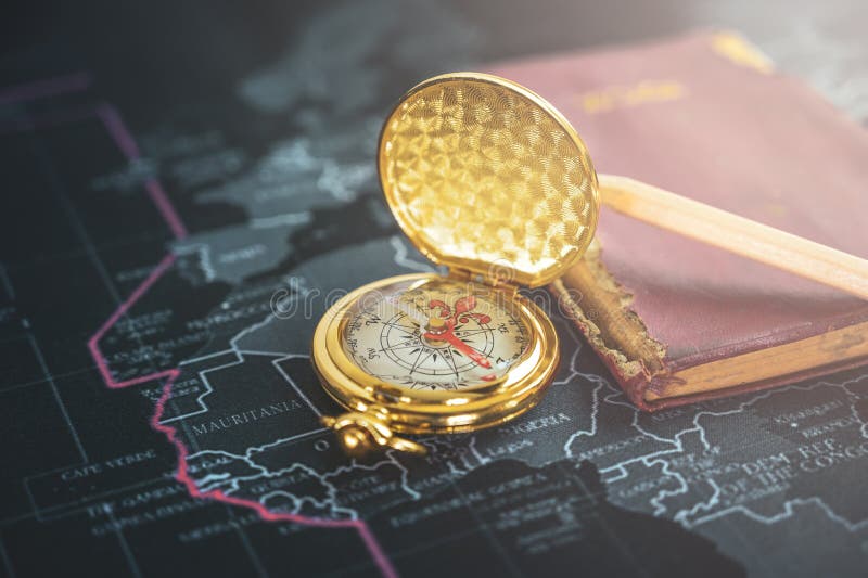 Vintage Compass , Old Notebook, Pencil on Modern World Map Stock Photo ...