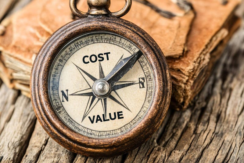 A Vintage Compass Points between Symbols for Cost and Value, Serving As ...