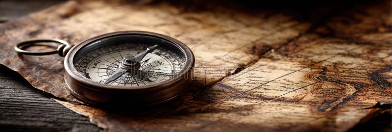 Vintage Compass Resting on an Aged Map Surrounded by Soft Shadow Light ...