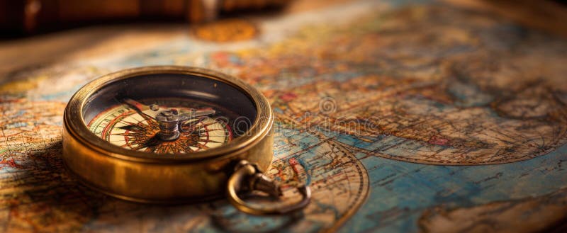 The Vintage Compass Resting on a Detailed World Map. AI Generated Image ...