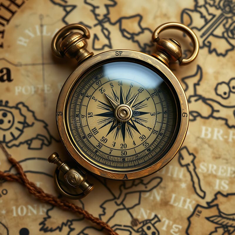 A Vintage Compass Resting on a Pirate Themed Treasure Map Stock ...