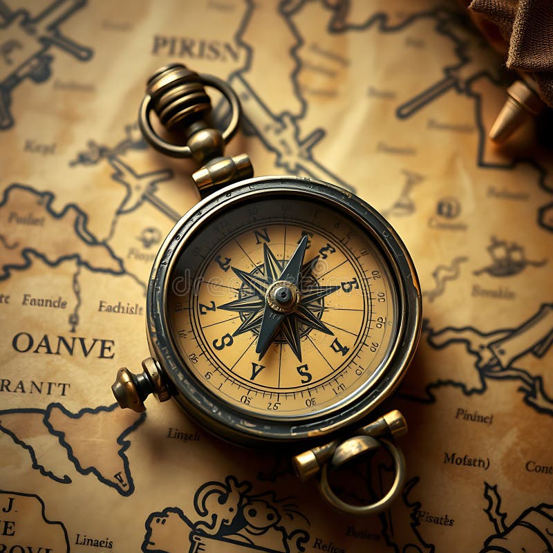 A Vintage Compass Resting on a Pirate Themed Treasure Map Stock ...