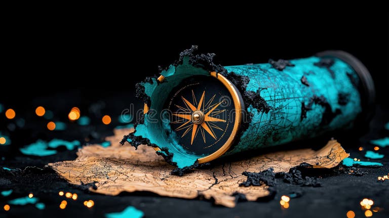 Vintage Compass Resting on Torn Map with Artistic Teal and Dark Texture ...