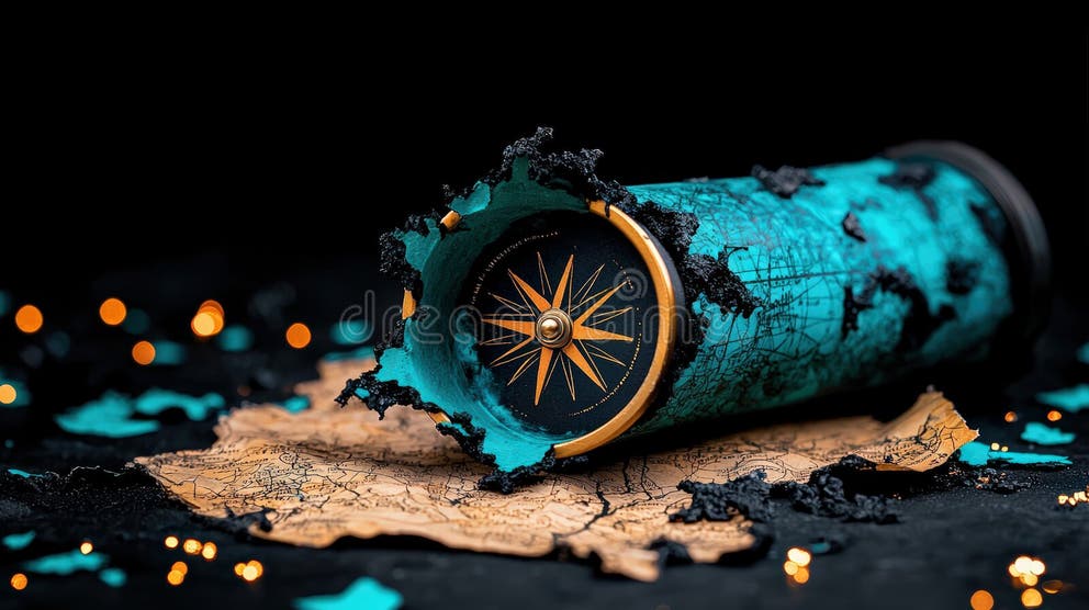 Vintage Compass Resting on Torn Map with Artistic Teal and Dark Texture ...