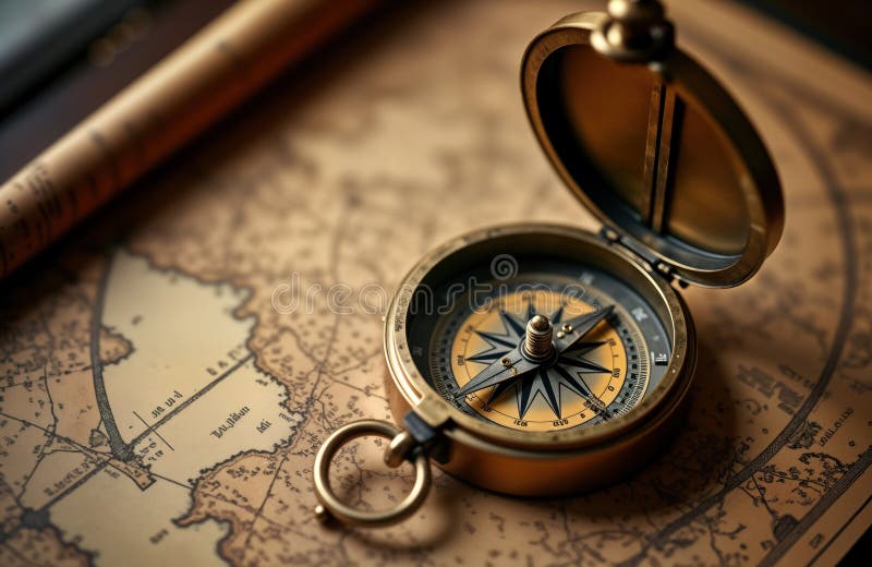 Vintage Compass Rests on Aged Map. Navigation Tool Sits on Historic ...