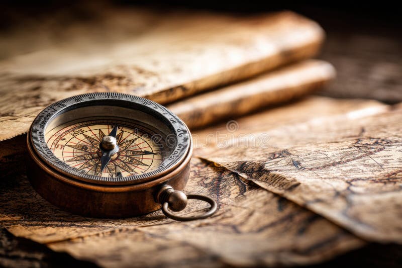 Vintage Compass Lies upon an Aged Map Revealing a Sense of Adventure ...