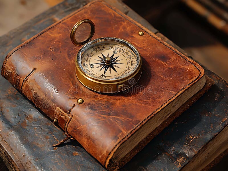 Vintage Compass Rests on Antique Leatherbound Journal Evokes Exploration, Adventure, Discovery ...