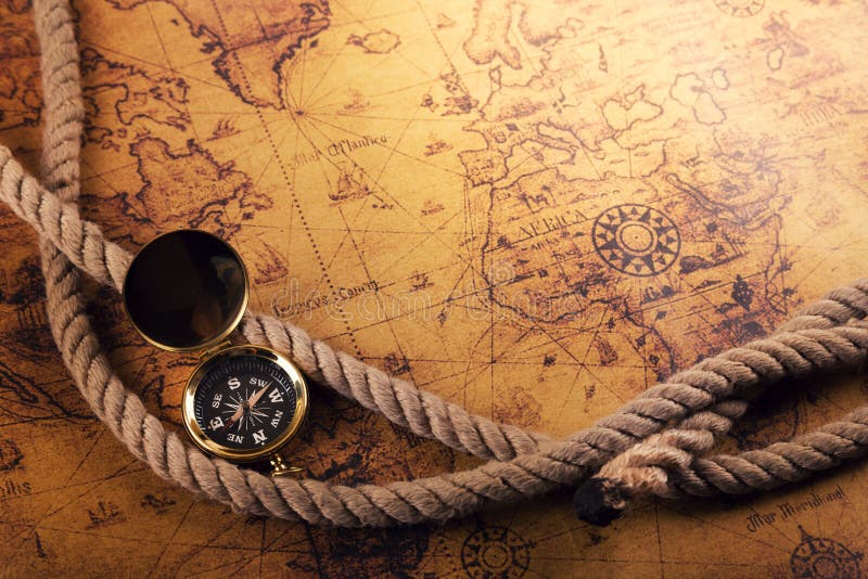 Old Compass And Rope On Vintage Map Stock Image - Image of compass ...