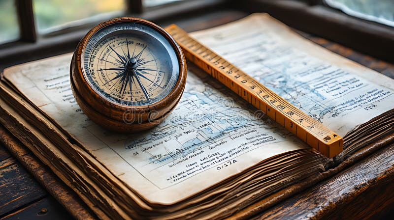 A Vintage Compass and Ruler Resting on an Open Antique Book with ...