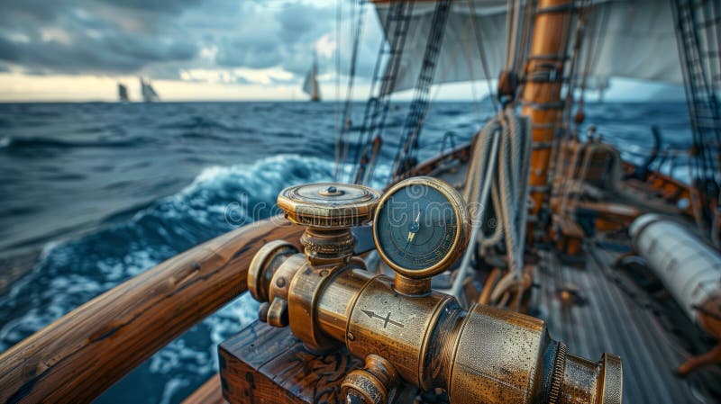 Vintage Compass on Ship S Wheel Stock Image - Image of equipment ...