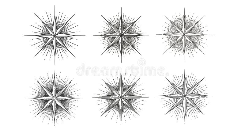Vintage Compass Stars in Hand-drawn Black and White Style Engraving ...