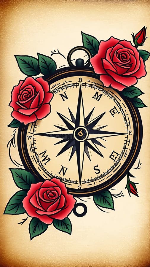 Vintage Compass Surrounded by Red Roses with a Classic Nautical Theme ...