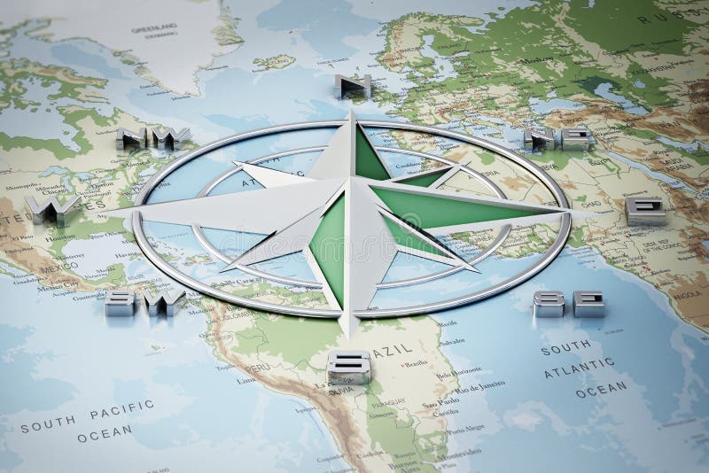 Vintage Compass Symbol Showing the Directions on the World Map. 3D ...